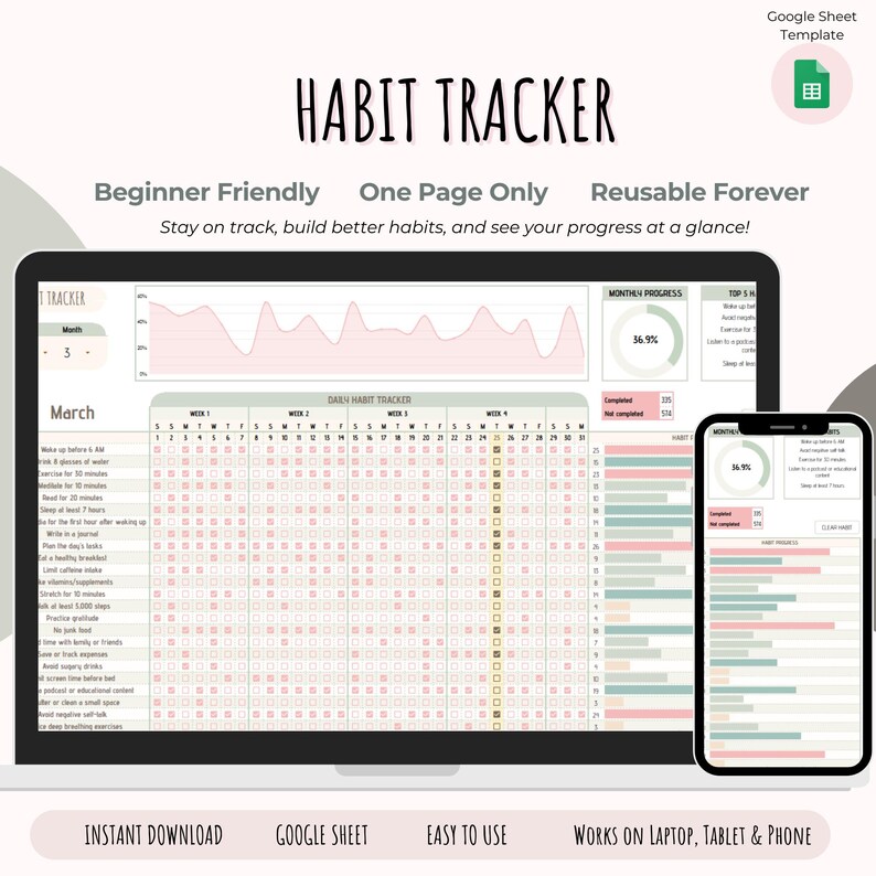 All-in-one Habit Tracker Google Sheets | Daily + Weekly Routines | Auto ...
