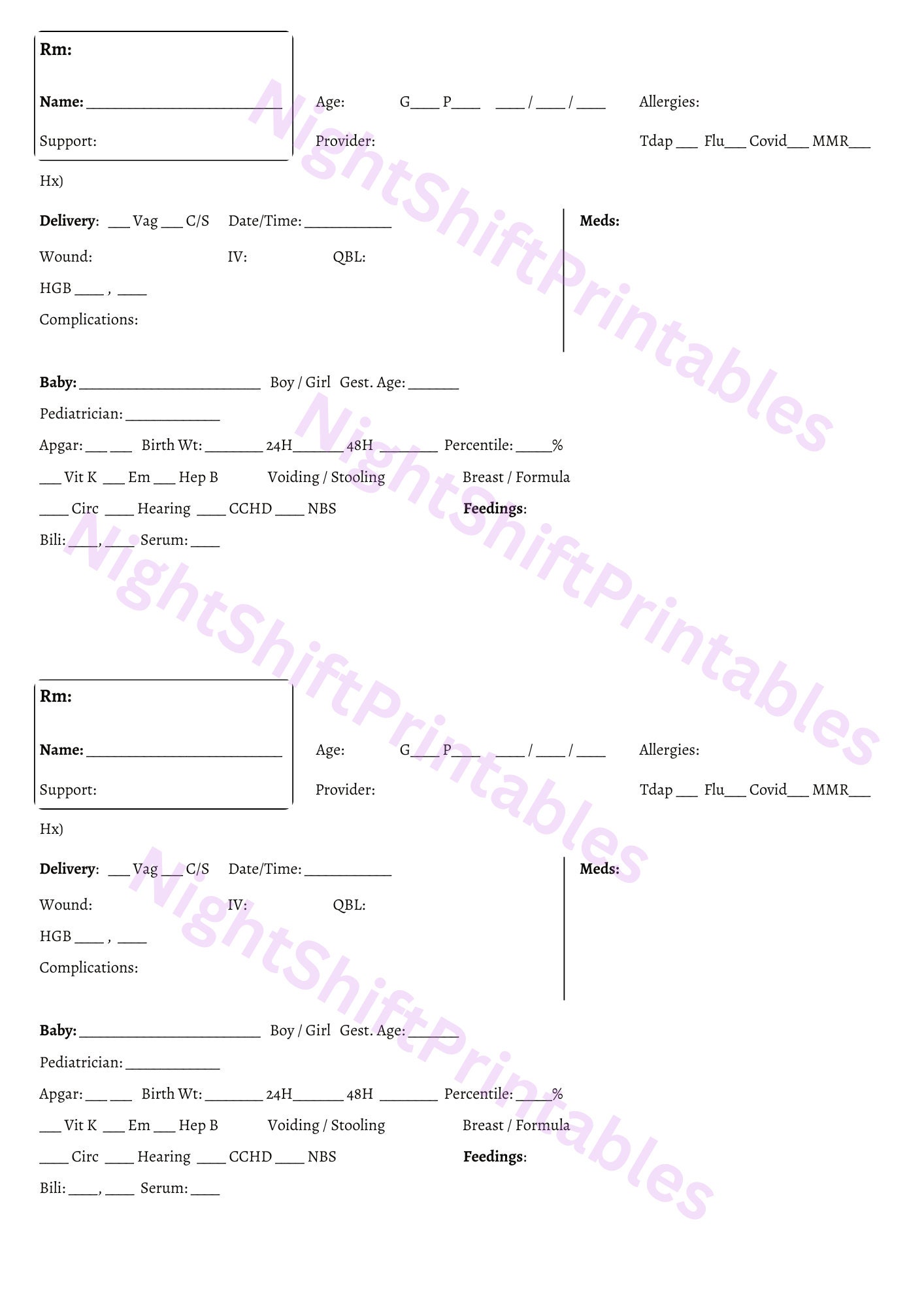 Postpartum / Mother Baby Nursing Report Sheet & Nursing Brain - Etsy
