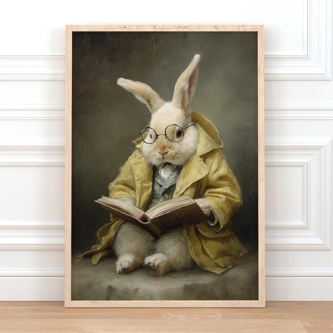 Easter Bunny Reading Print PRINTABLE Vintage Oil Painting Bookish ...