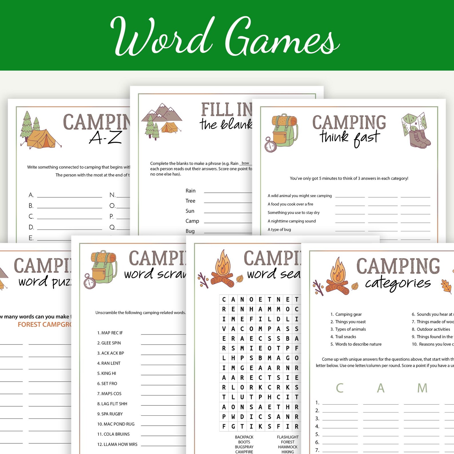 Camping Game Bundle Printable Camp Games Collection Campsite Activities ...