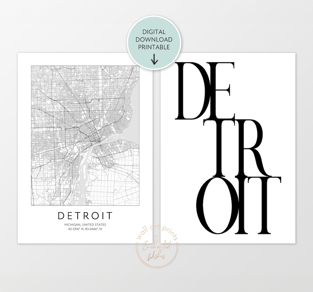 Detroit Map Print Set of 2 Printables, Detroit Print, Typography Poster ...