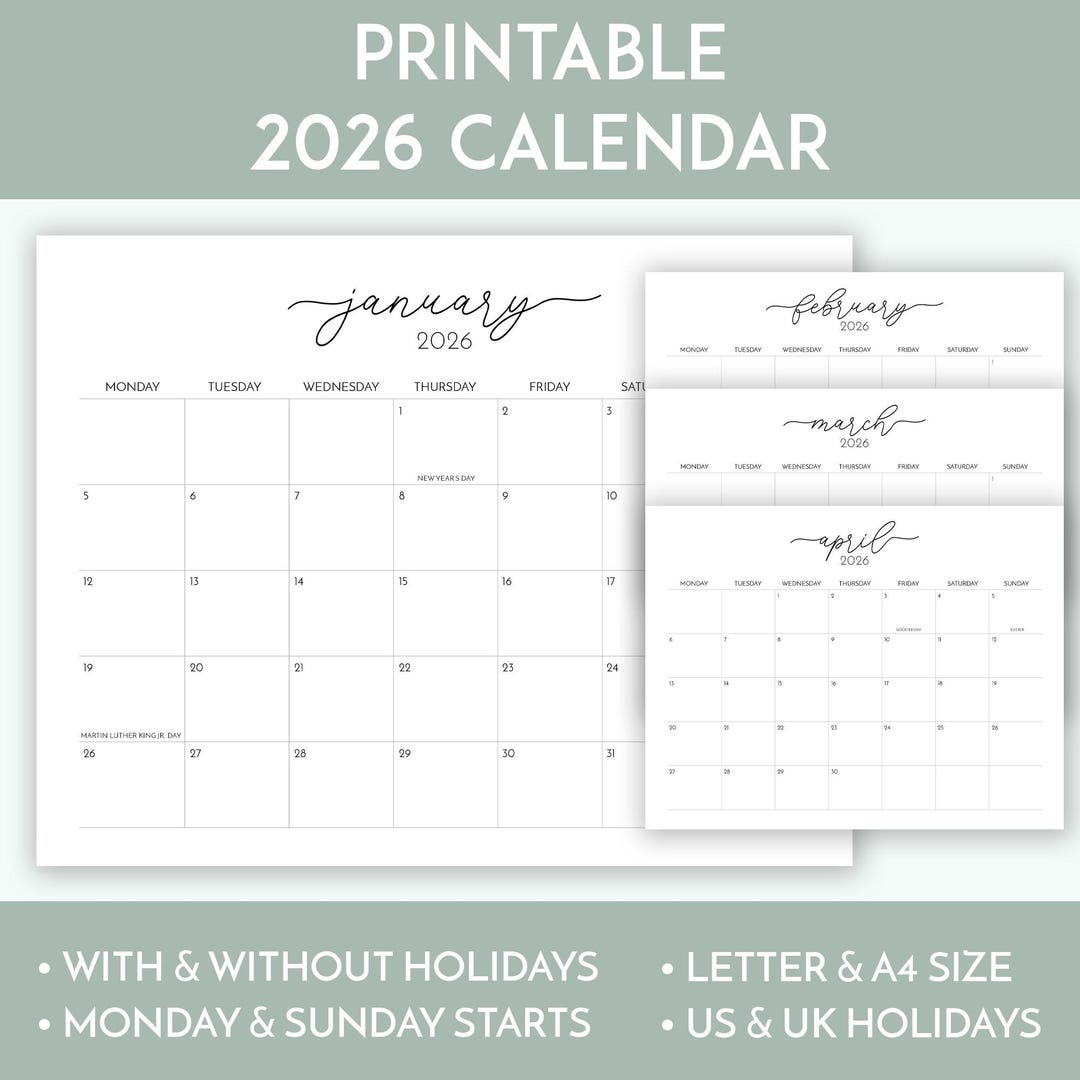 Printable 2026 Monthly Calendar With Holidays Minimalist Monthly ...