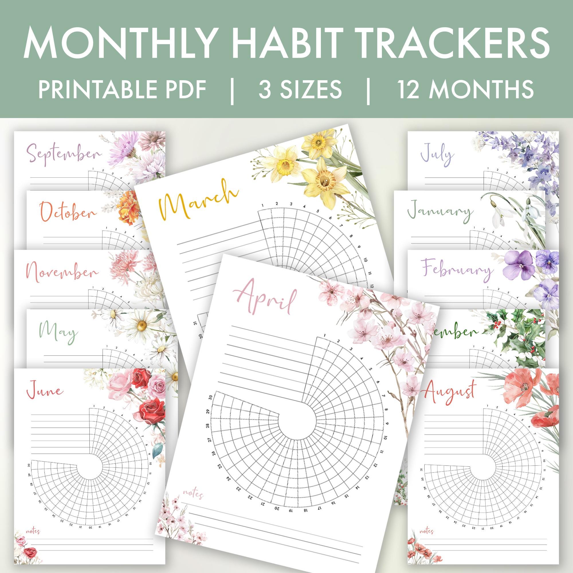 Daily Habit Tracker Bundle Monthly PRINTABLE, Floral Habit Tracker ...