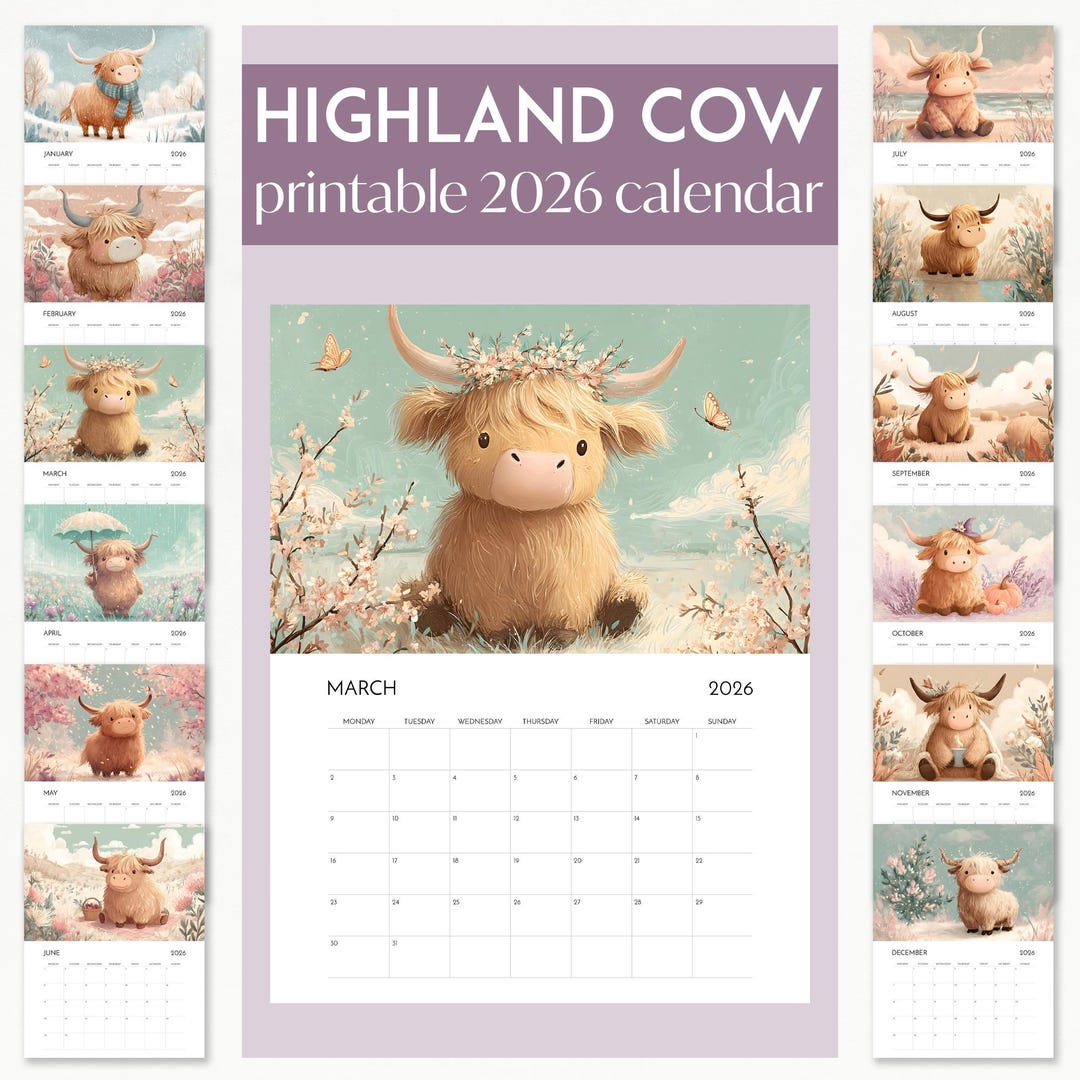 2026 Highland Cow Calendar PRINTABLE Monthly Illustrated Calendar Cute ...