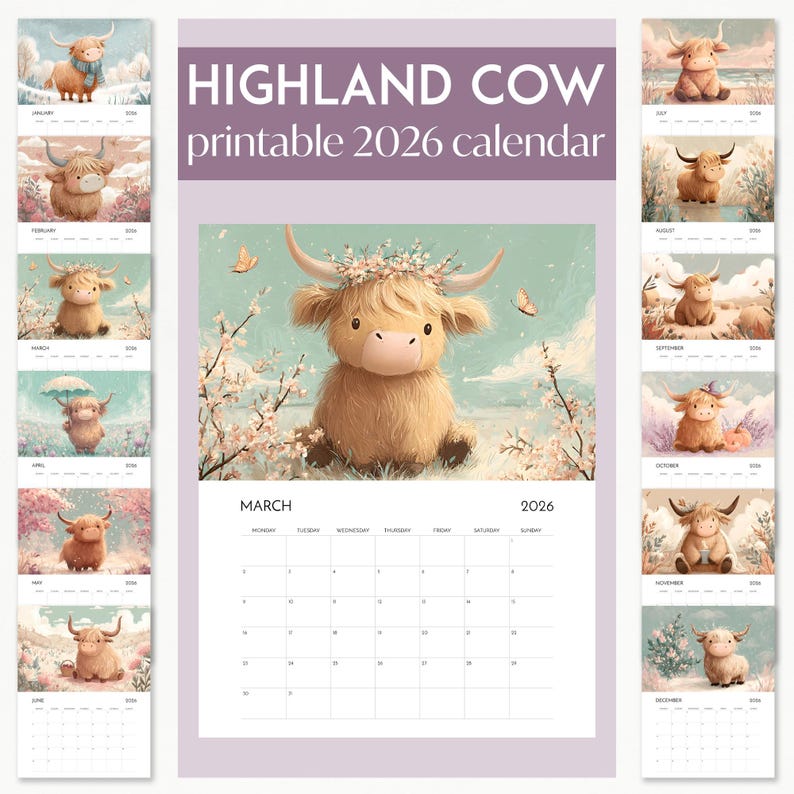 2026 Highland Cow Calendar PRINTABLE Monthly Illustrated Calendar Cute ...