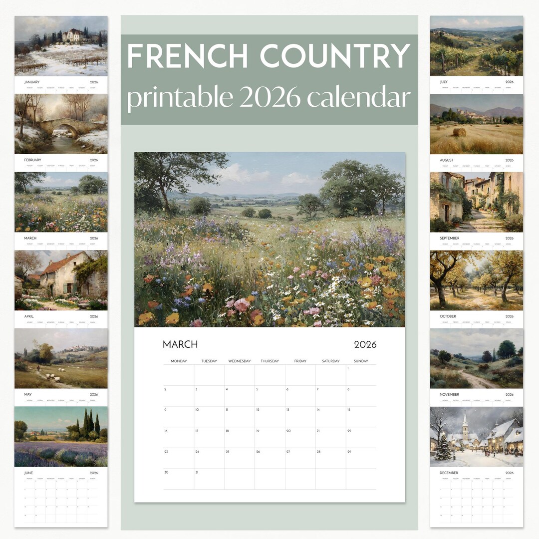 2026 French Country Calendar PRINTABLE Monthly Calendar Vintage Oil ...