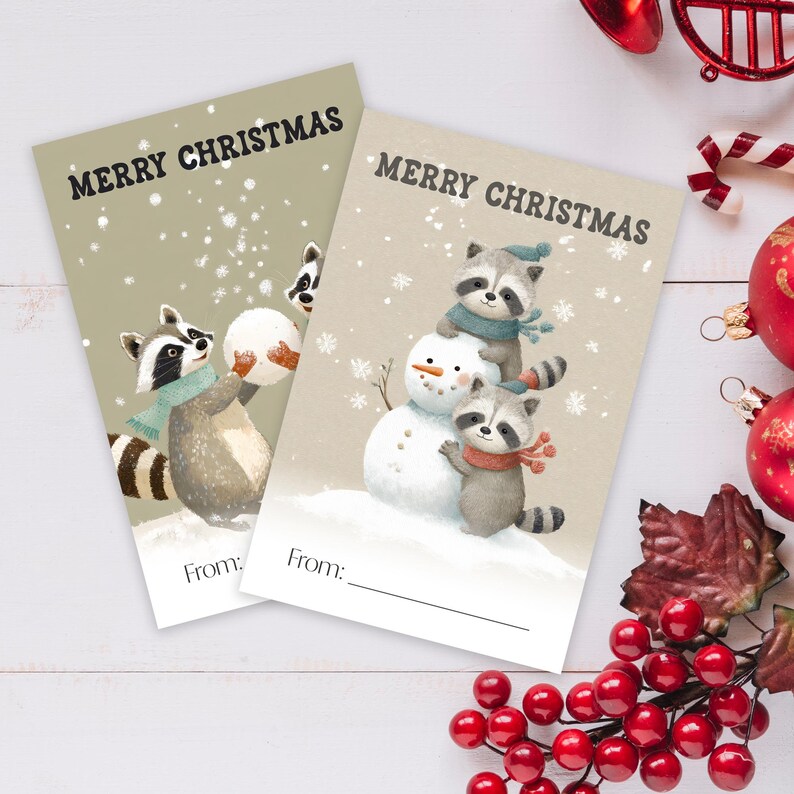 Printable Christmas Cards for Kids Cute Raccoon Illustrations Trendy ...