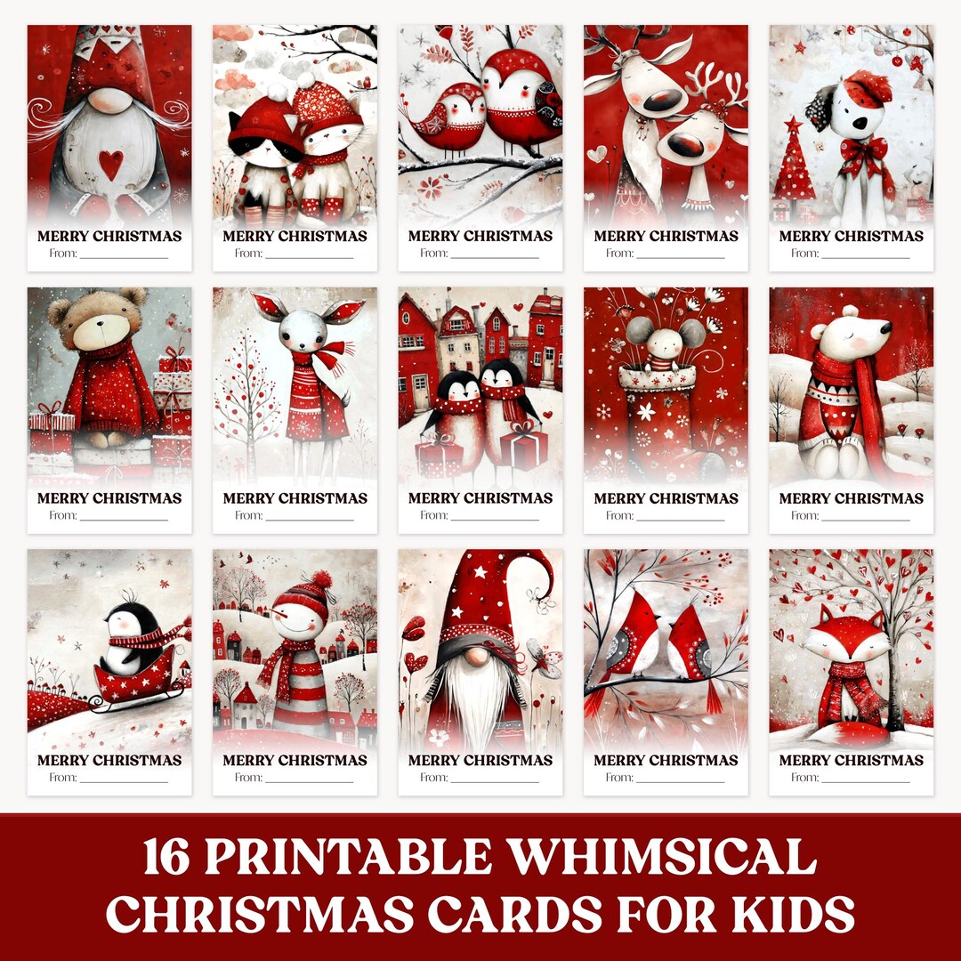 Whimsical Printable Christmas Cards for Kids Cute Illustrations Festive ...