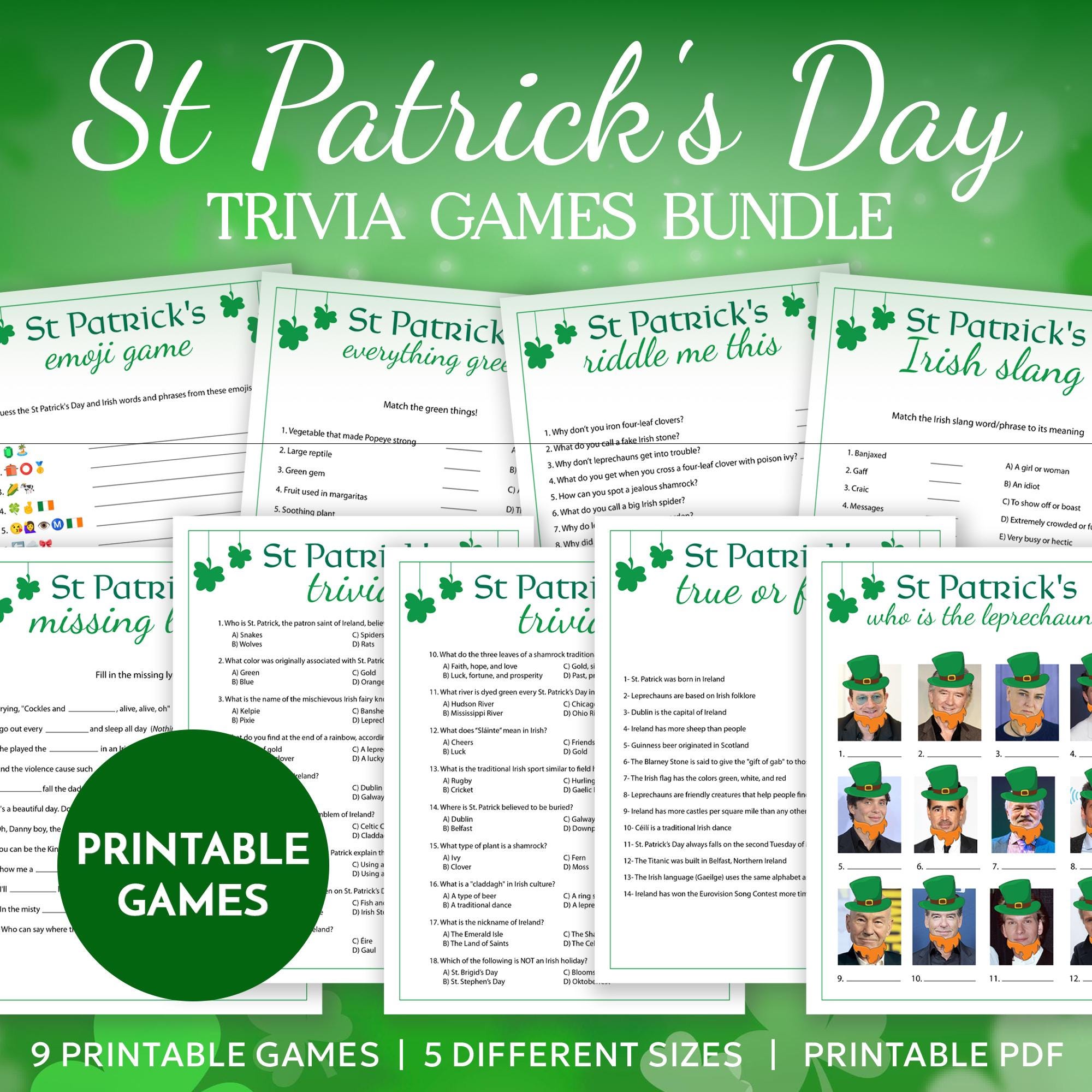 St Patrick's Day Trivia Game Bundle Printable St Patty's Party Quiz Pat ...