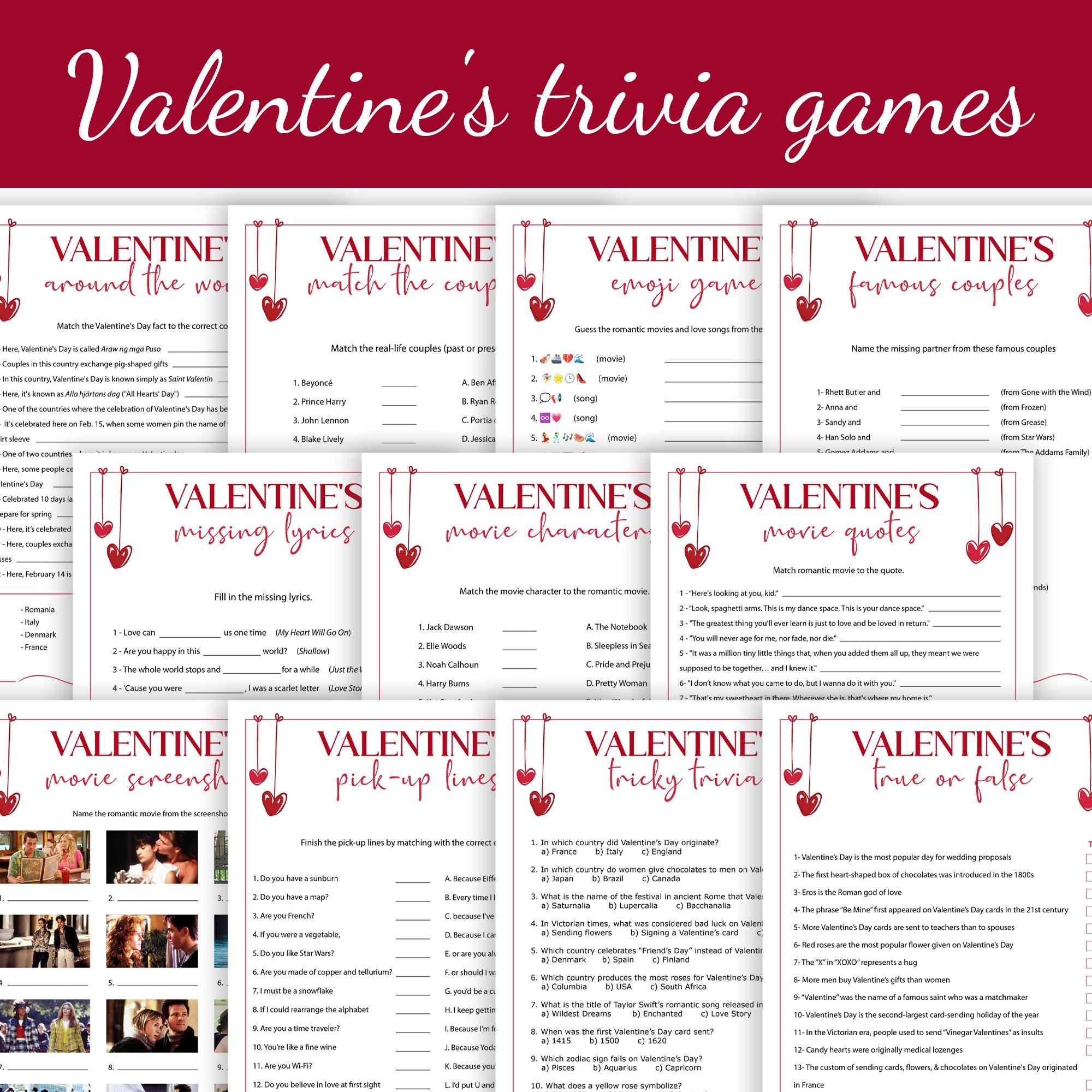 Valentine's Trivia Game Bundle Printable Valentine Day Party Games Fun ...
