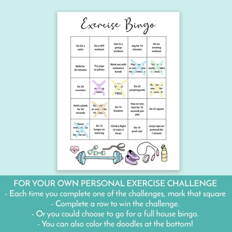Exercise Bingo Printable Fitness Challenge Game Workout Journal Page ...