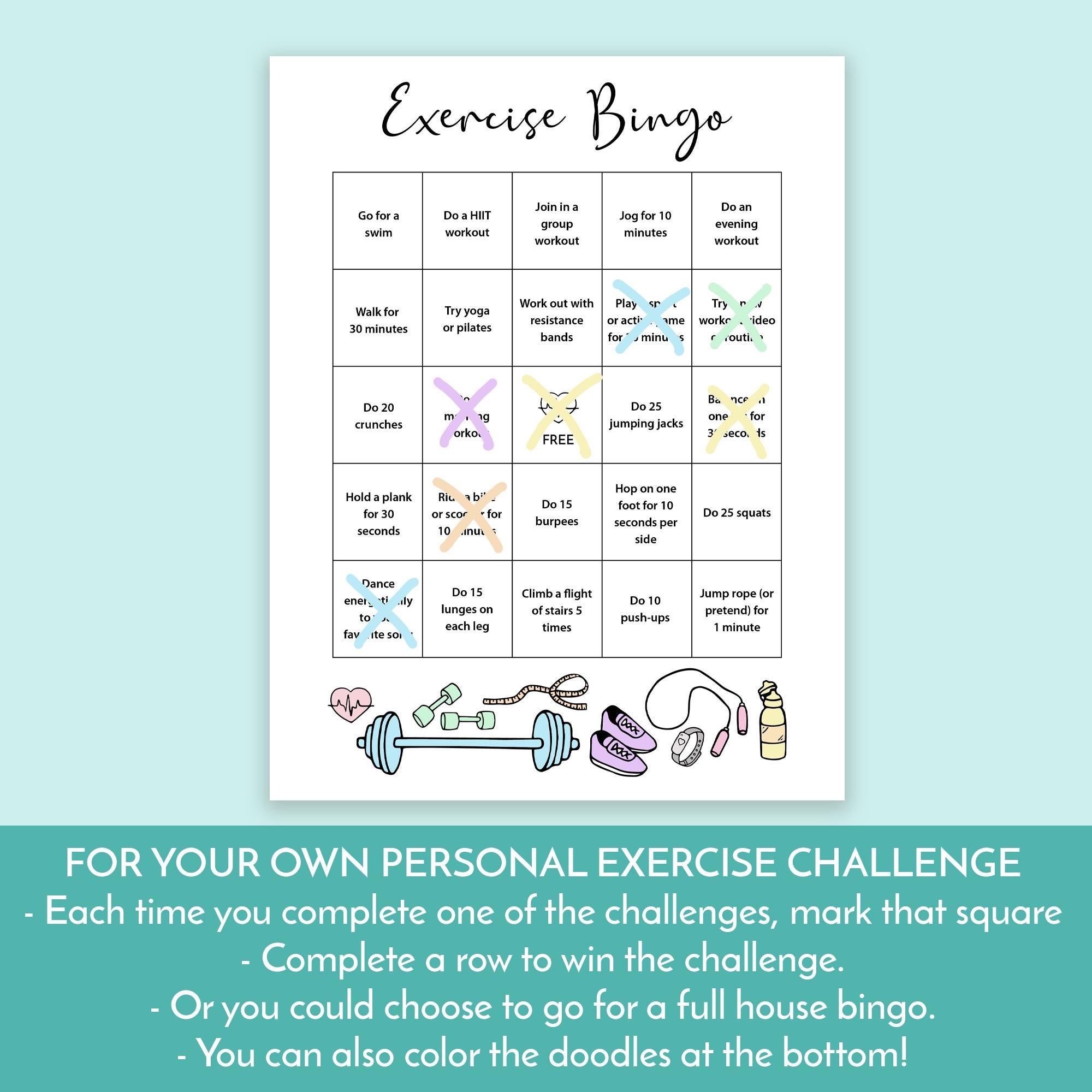 Exercise Bingo Printable Fitness Challenge Game Workout Journal Page ...