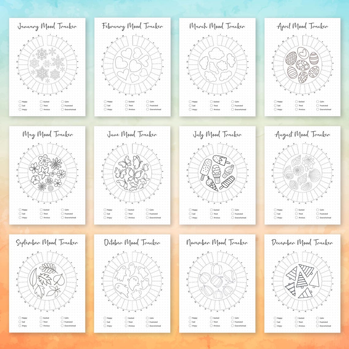 Monthly Mood Tracker Bundle PRINTABLE, Circle Mood Tracker Wheel, Daily ...