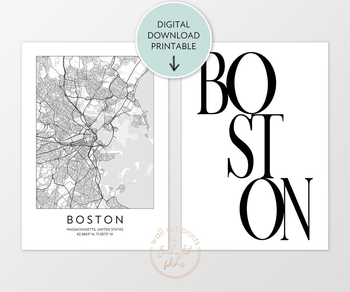 Boston Print Set of 2 Printables, Boston Map Print, Typography Poster ...