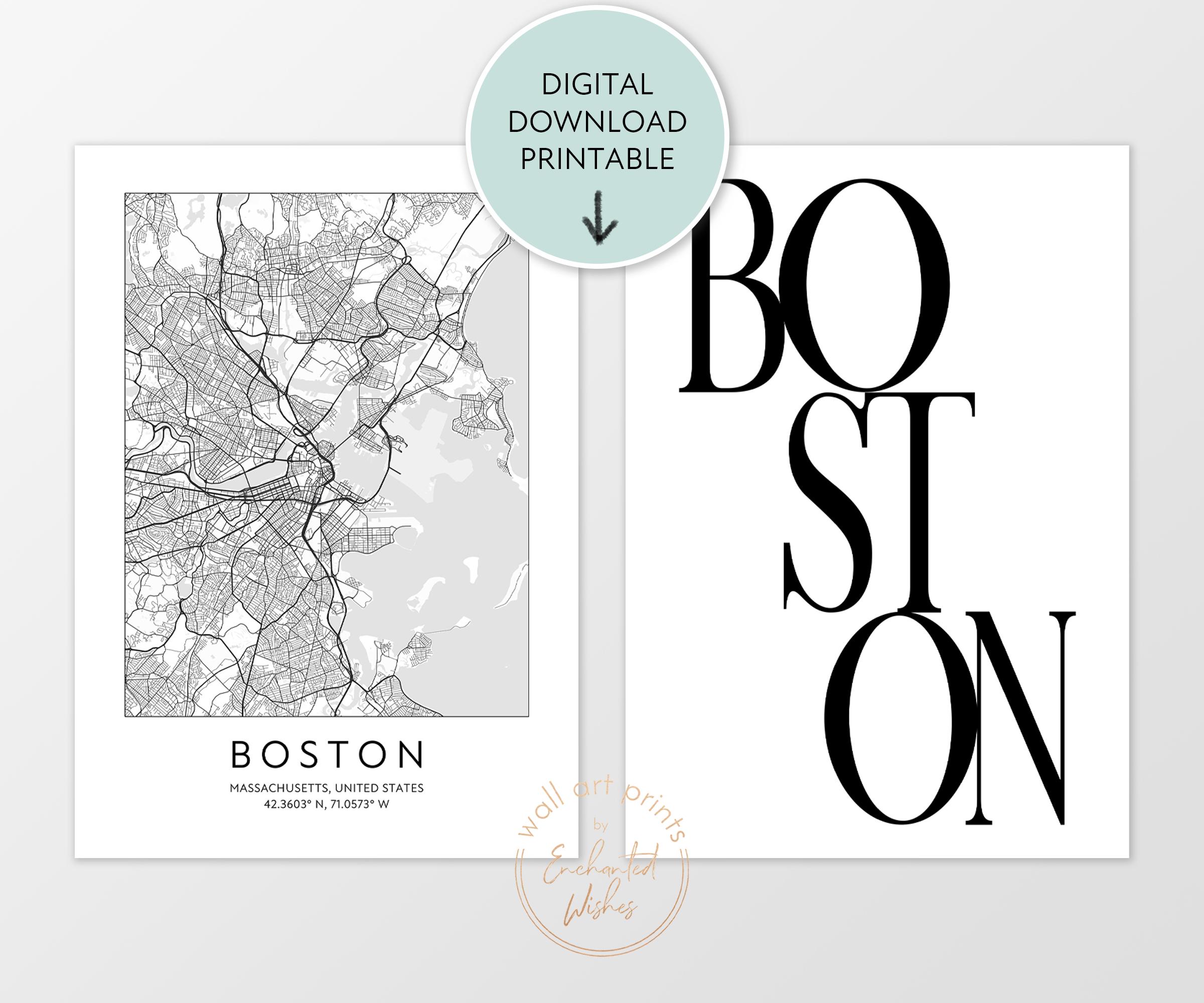 Boston Print Set of 2 Printables, Boston Map Print, Typography Poster ...