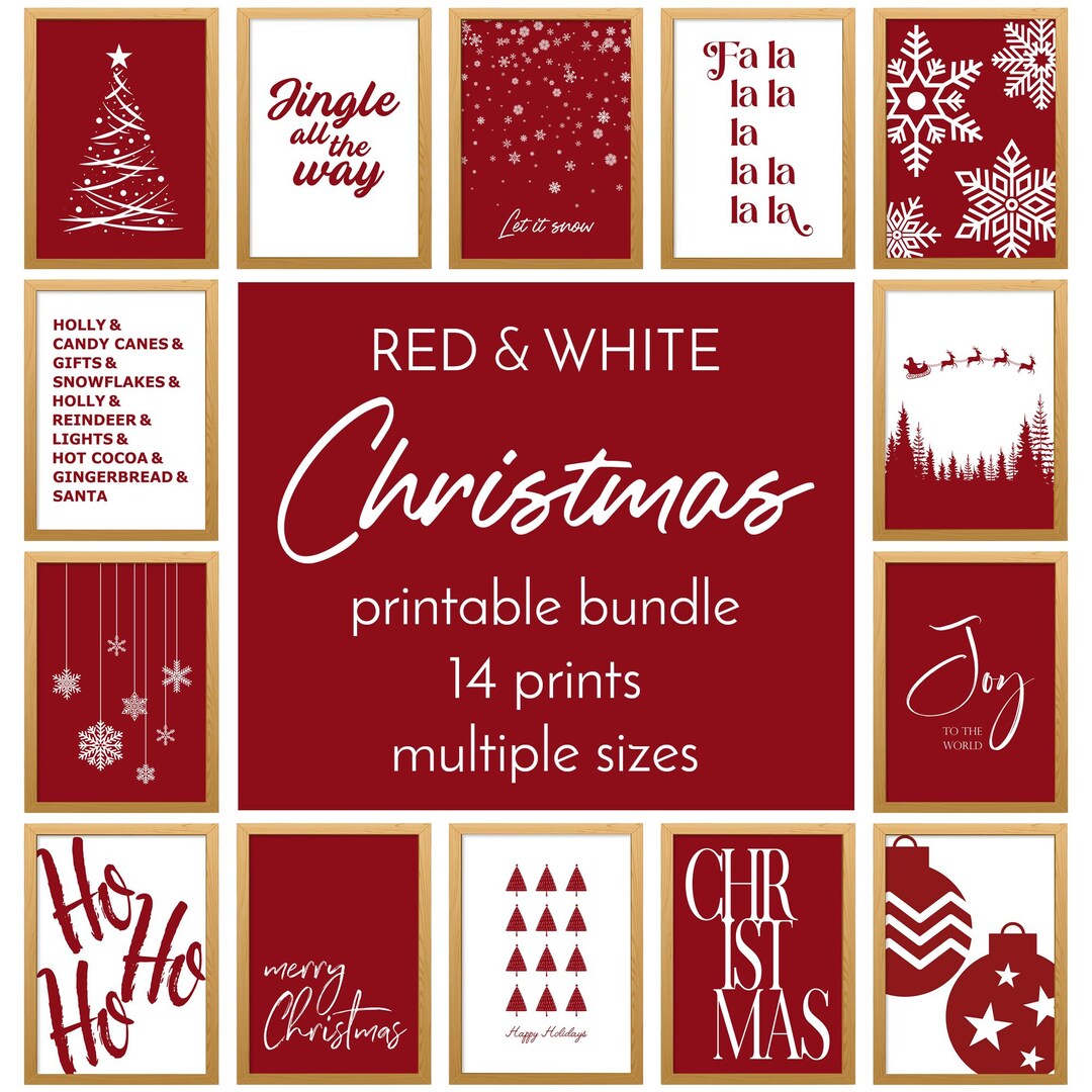 Red & White Christmas Print Bundle Set of 14 PRINTABLE Wall Art ...