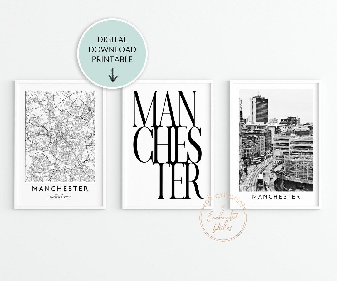 Manchester Map Print Set of 3 Printables, Manchester Print, Typography ...
