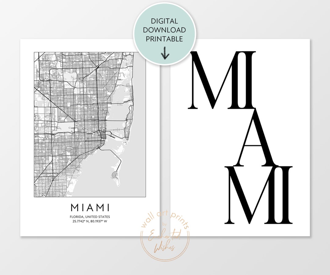 Miami Map Print Set of 2 PRINTABLES, Miami Print, Typography Poster ...