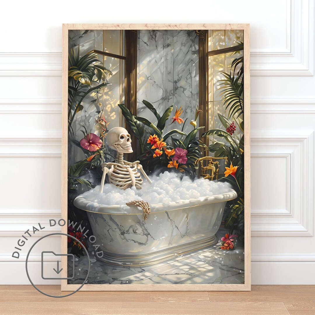 Skeleton in Bath Print PRINTABLE Funny Bathroom Poster Wall Art Trendy ...