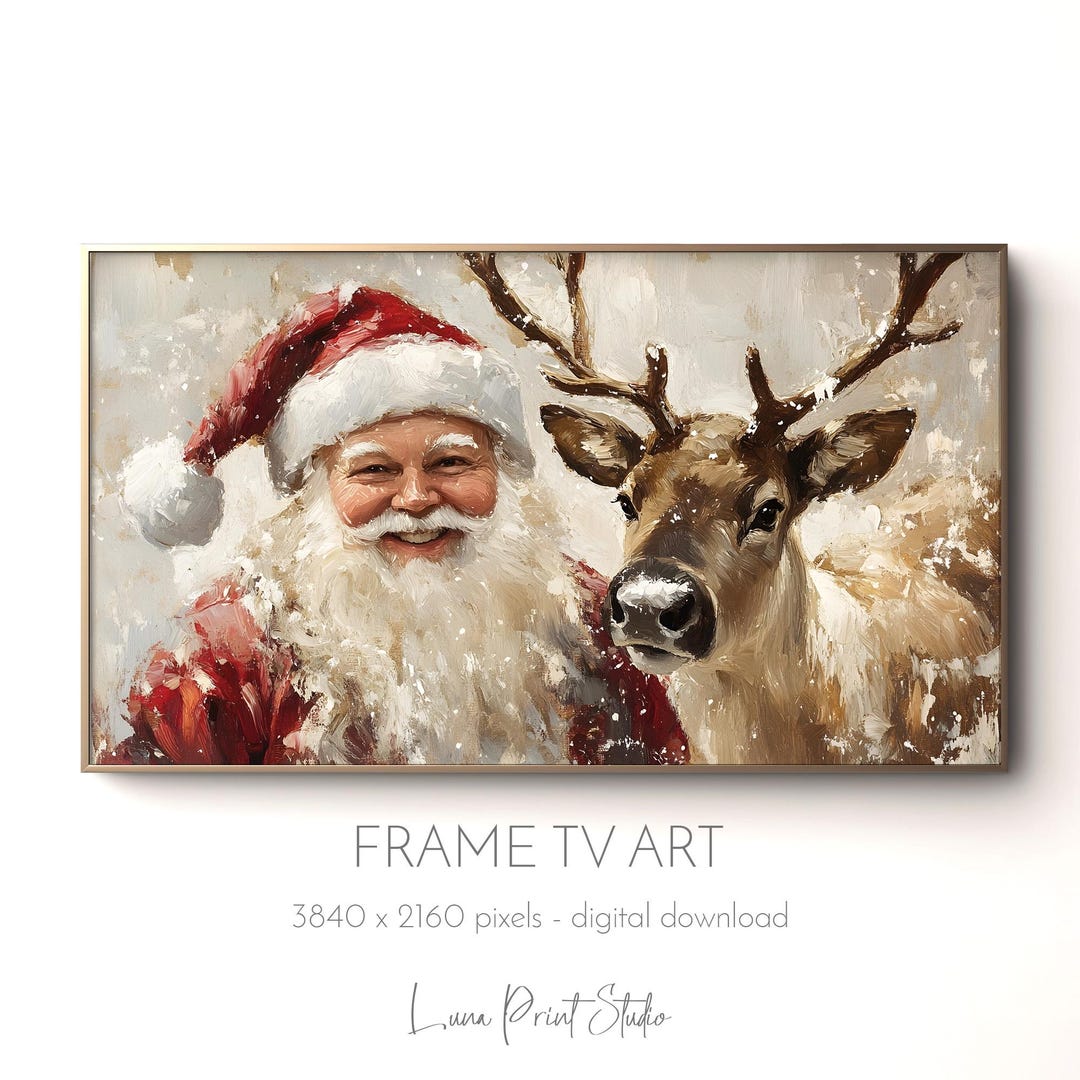 Santa & Reindeer Frame TV Art Christmas Vintage Oil Painting TV ...