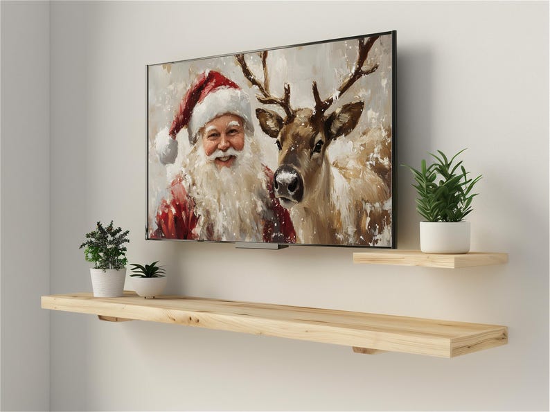 Santa & Reindeer Frame TV Art Christmas Vintage Oil Painting TV ...