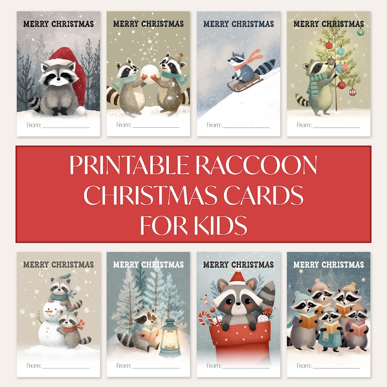 Printable Christmas Cards for Kids Cute Raccoon Illustrations Trendy ...