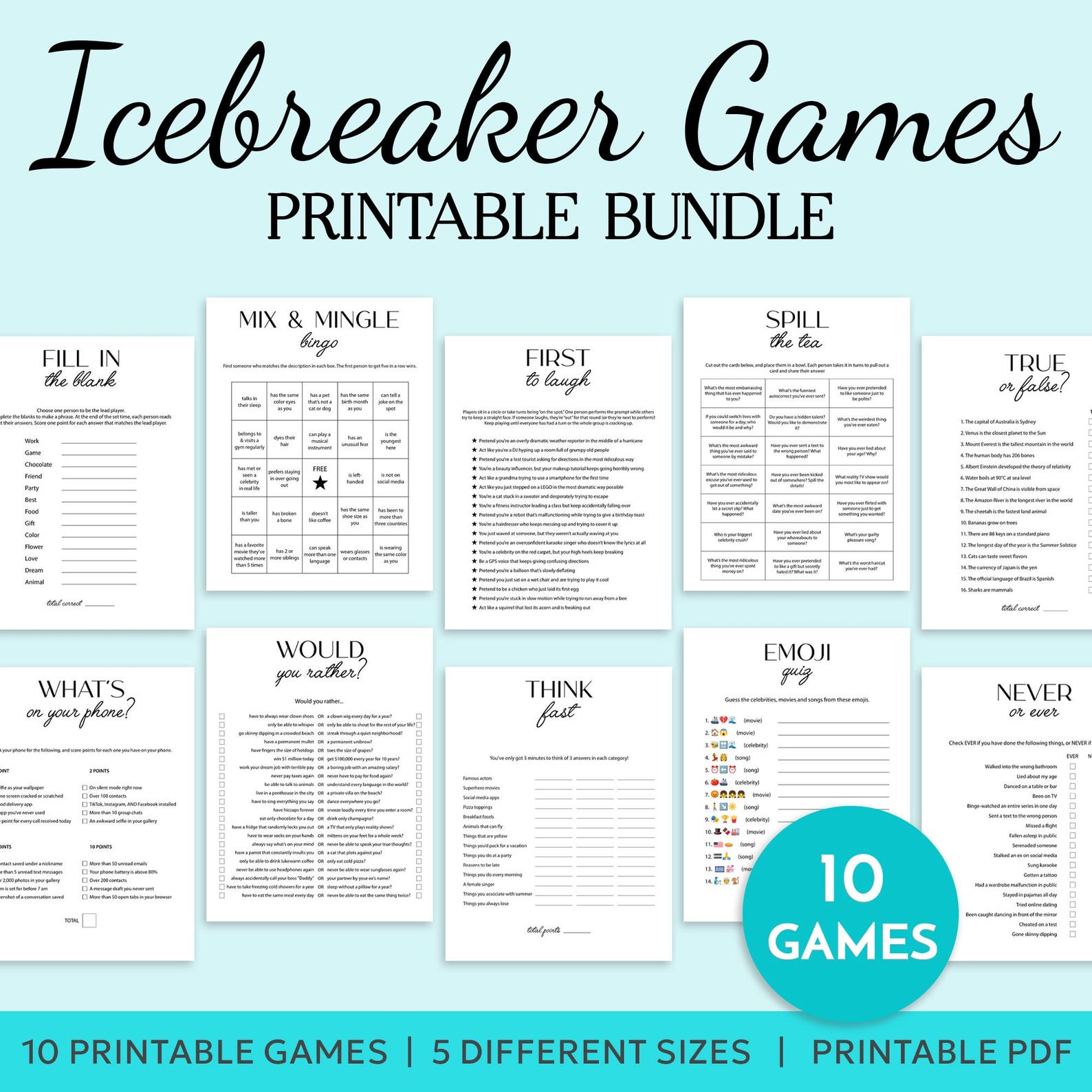 Icebreaker Games Bundle Printable Dinner Party Table Talk Office Games ...