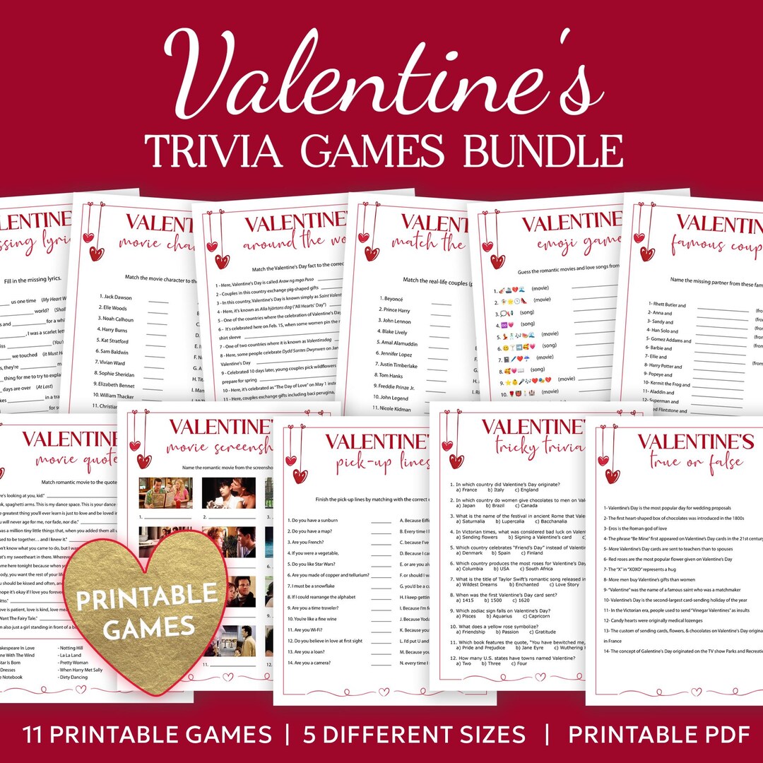 Valentine's Trivia Game Bundle Printable, Valentine's Day Party Games ...