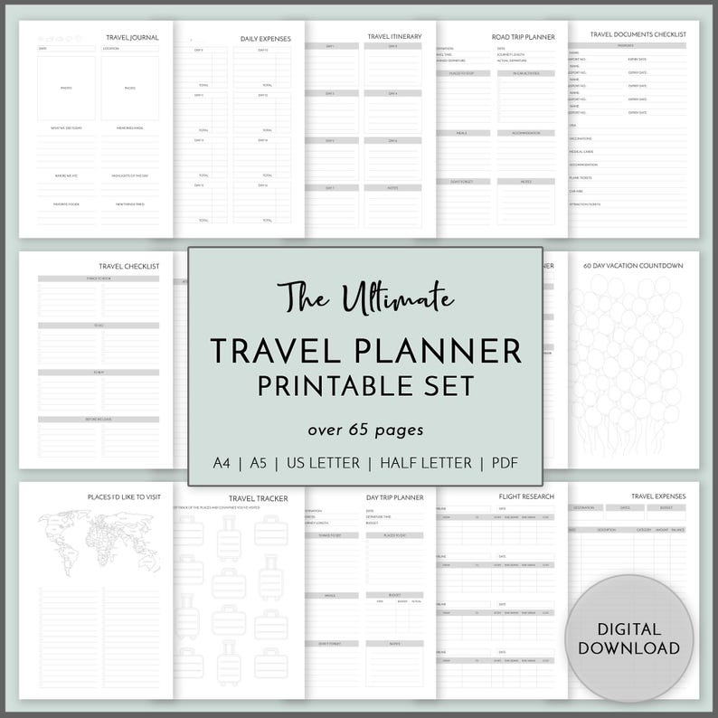Travel Planner Set PRINTABLE, Vacation Journal, Trip Organizer, Travel ...