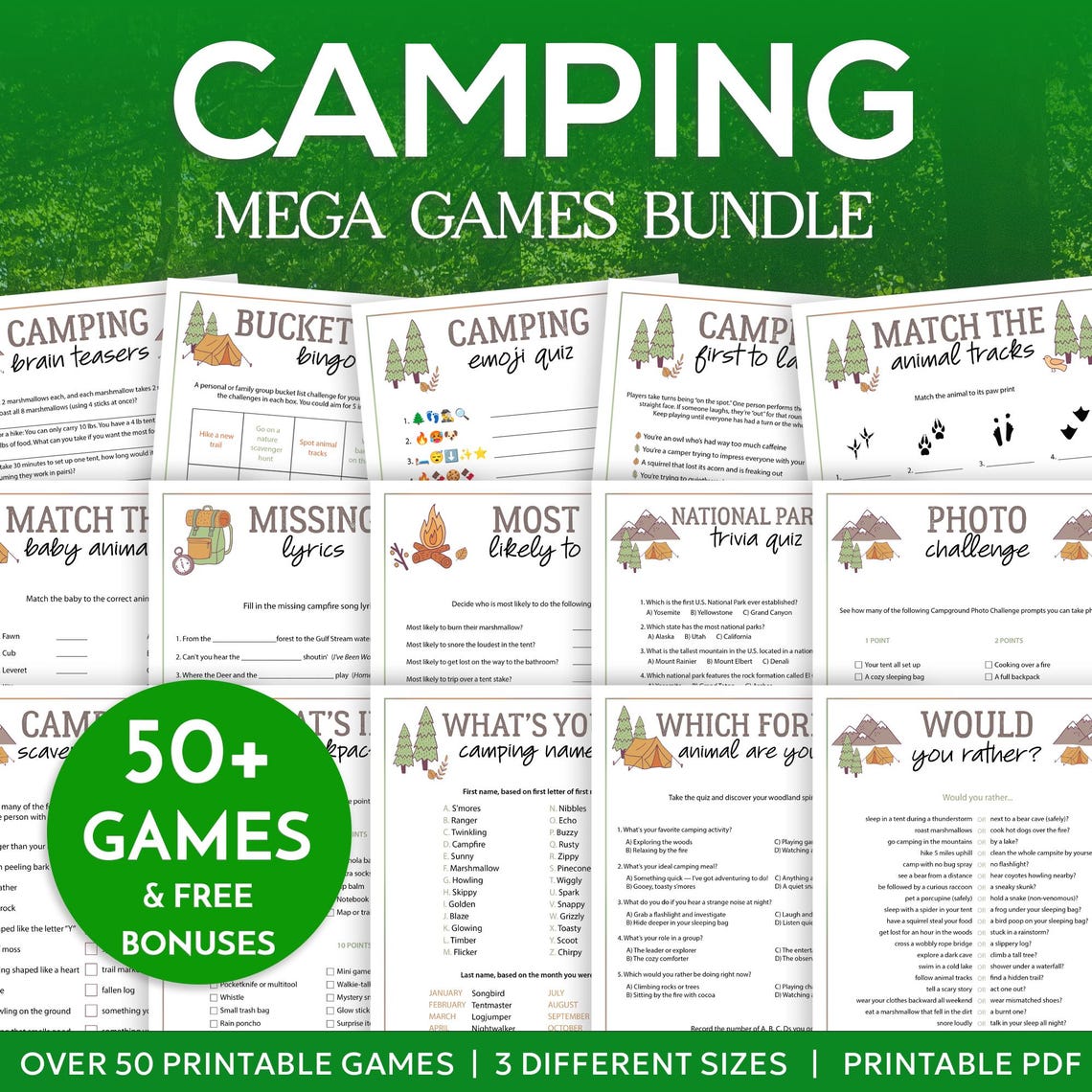 Camping Games Bundle Printable Camp Game Collection Family Trivia Quiz ...