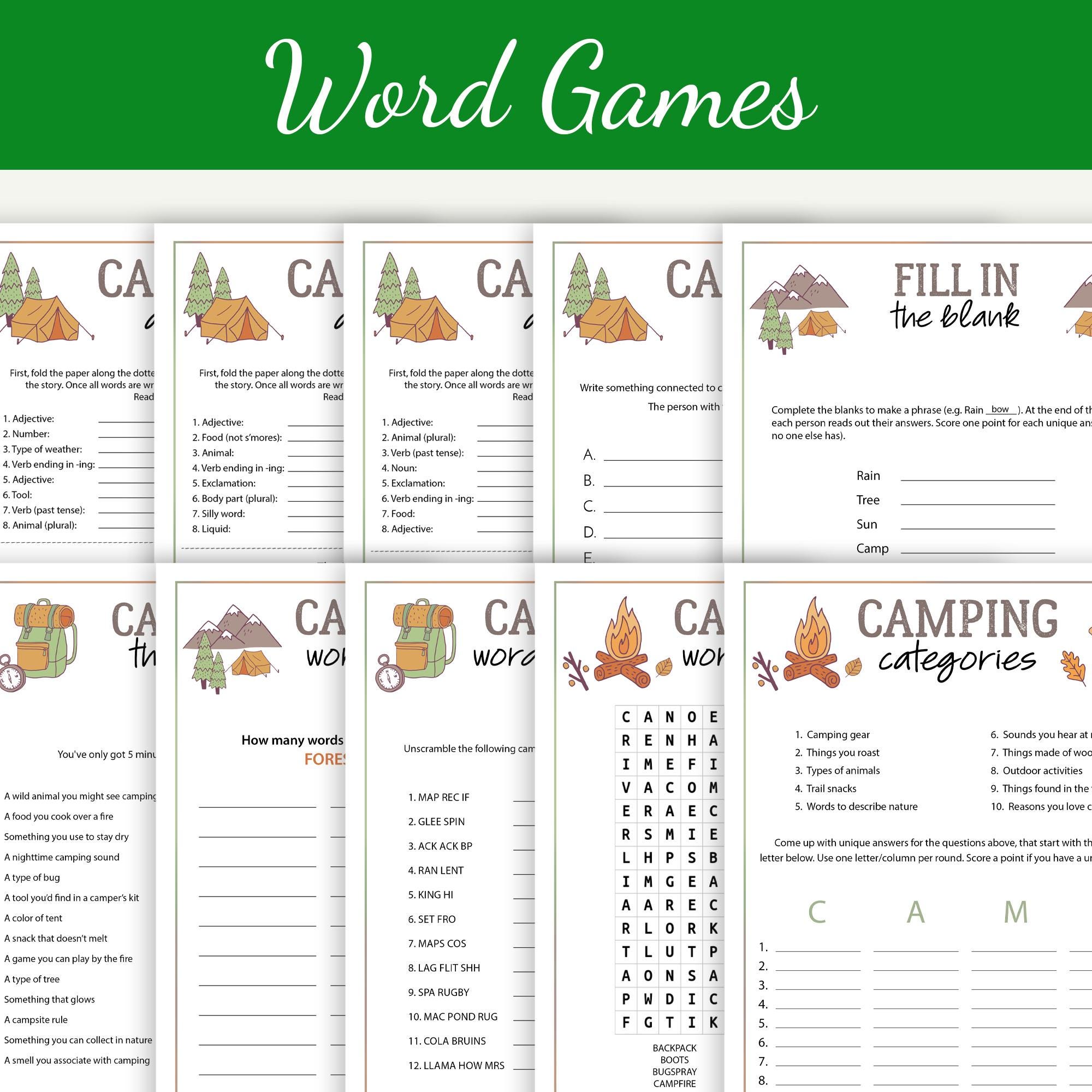 Camping Game Bundle Printable Camp Games Collection Campsite Activities ...
