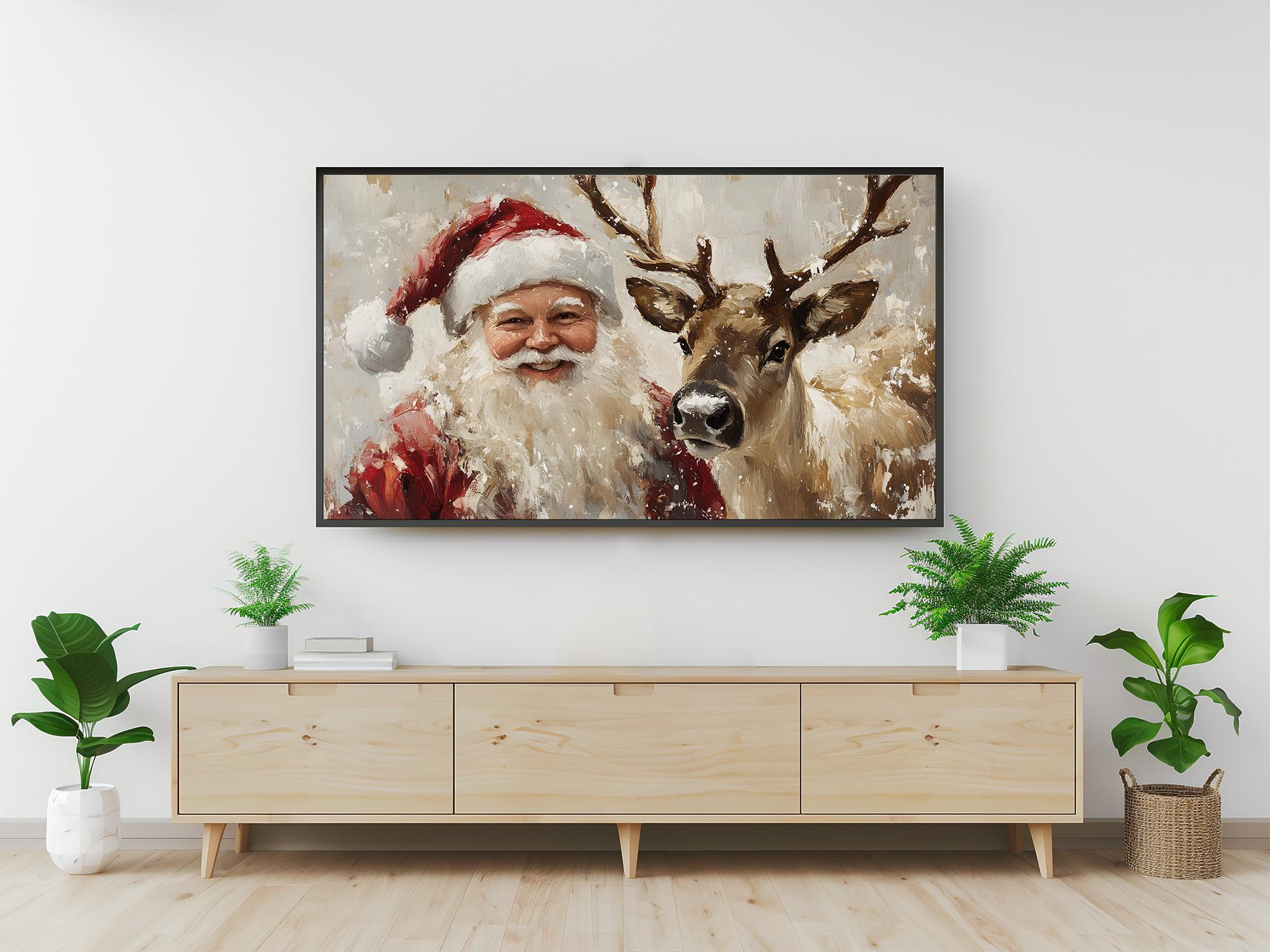 Santa & Reindeer Frame TV Art Christmas Vintage Oil Painting TV ...