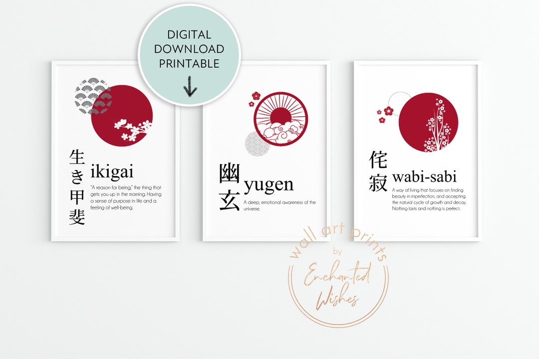 Japanese Word Definition PRINTABLE Prints Set of 3, Wabi-sabi Ikigai ...