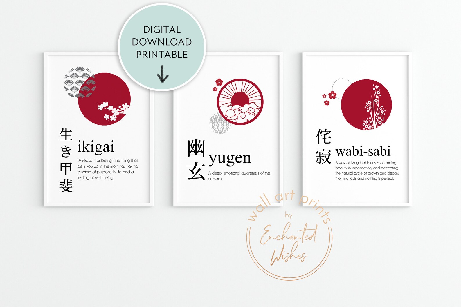 Japanese Word Definition PRINTABLE Prints Set of 3, Wabi-sabi Ikigai ...