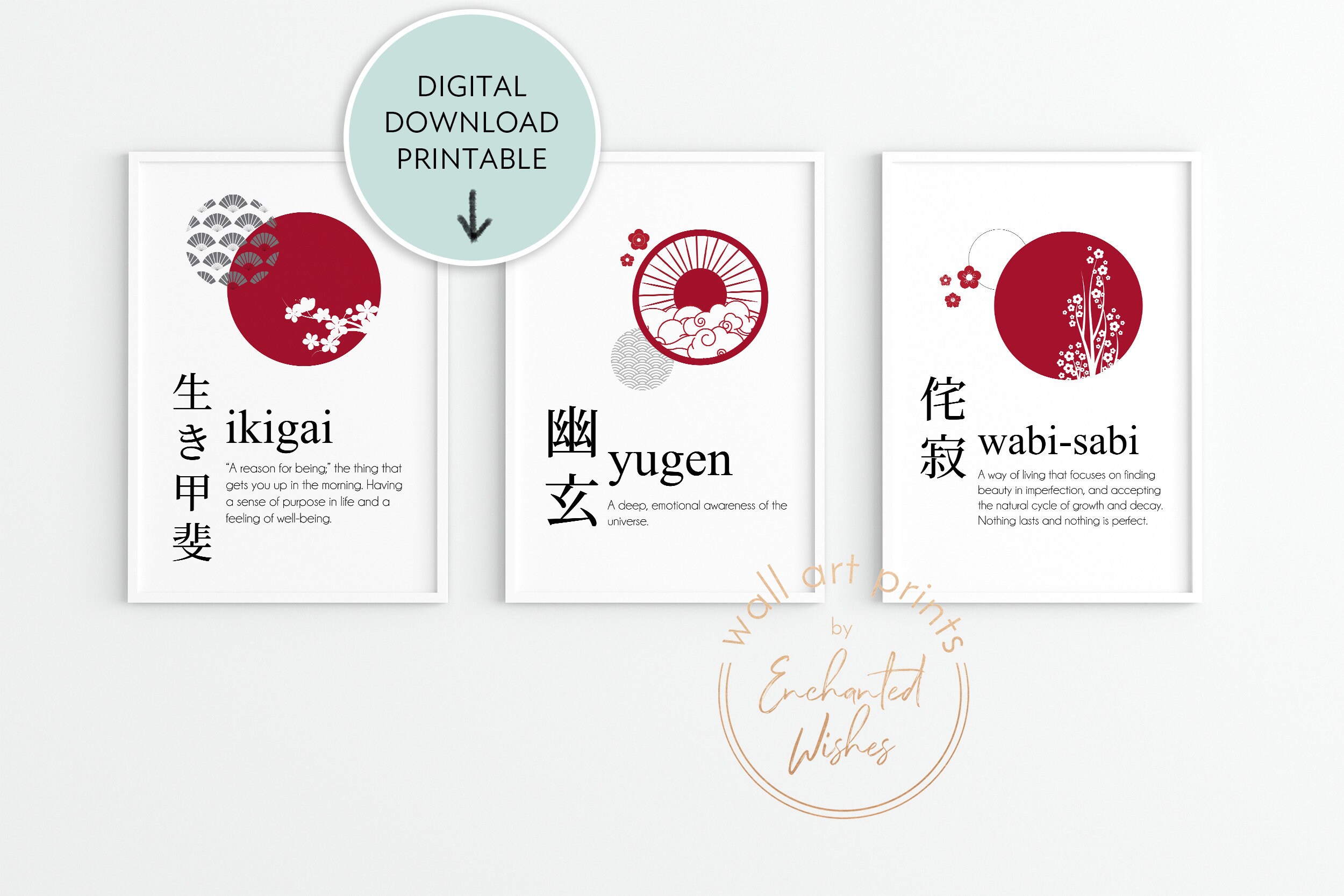 Japanese Word Definition PRINTABLE Prints Set of 3, Wabi-sabi Ikigai ...