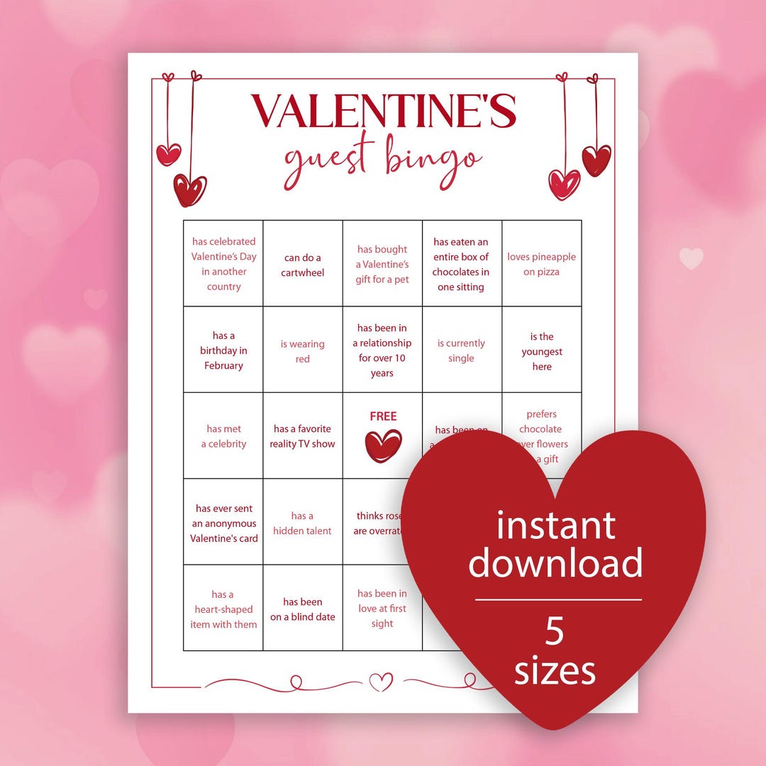 Valentine's Guest Bingo Printable, Valentine's Day Party Game ...