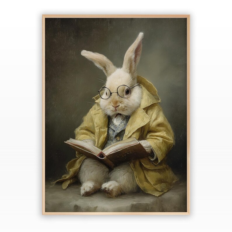 Easter Bunny Reading Print PRINTABLE Vintage Oil Painting Bookish ...