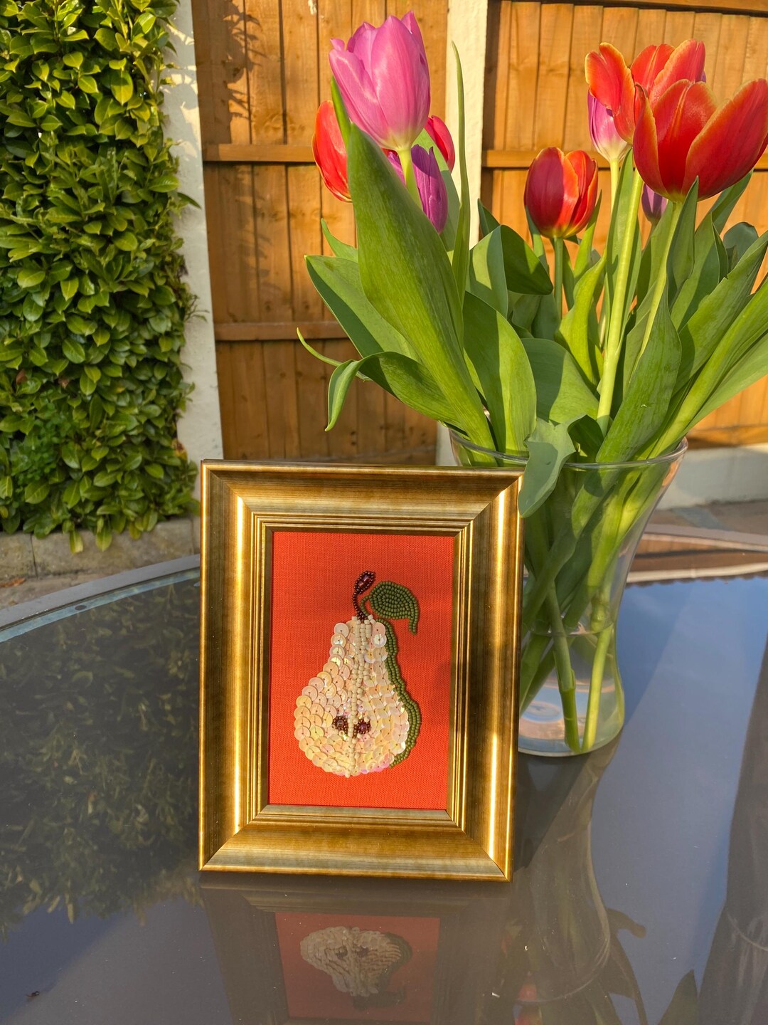 Pear - Handmade A5 Beaded Summer Orange Fruit Wall Bead Art Gold Framed ...