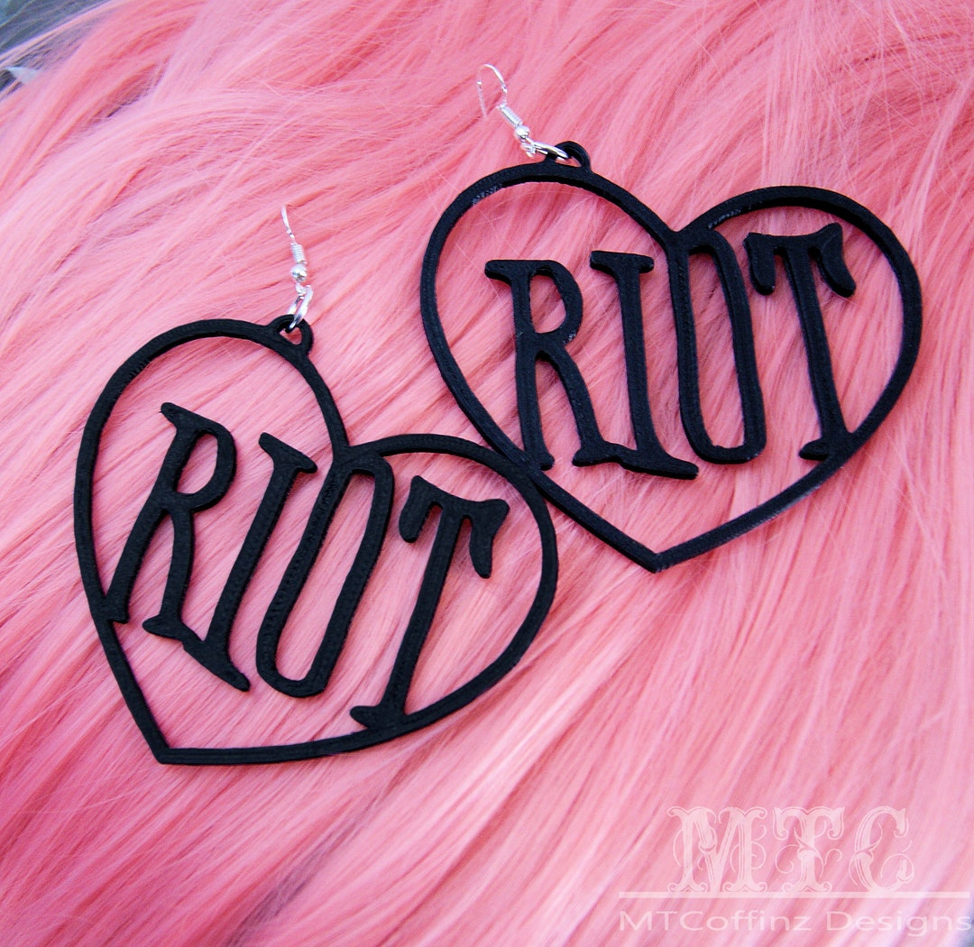 RIOT Heart Hoop Earrings 3D Printed Punk Protest Feminist Black Goth ...