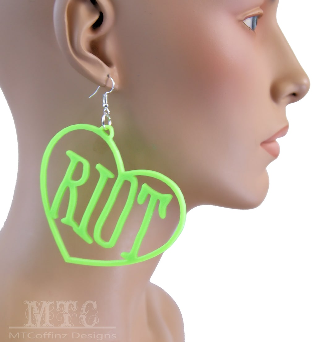 RIOT Heart Hoop Earrings 3D Printed Punk Protest Feminist Green Goth ...