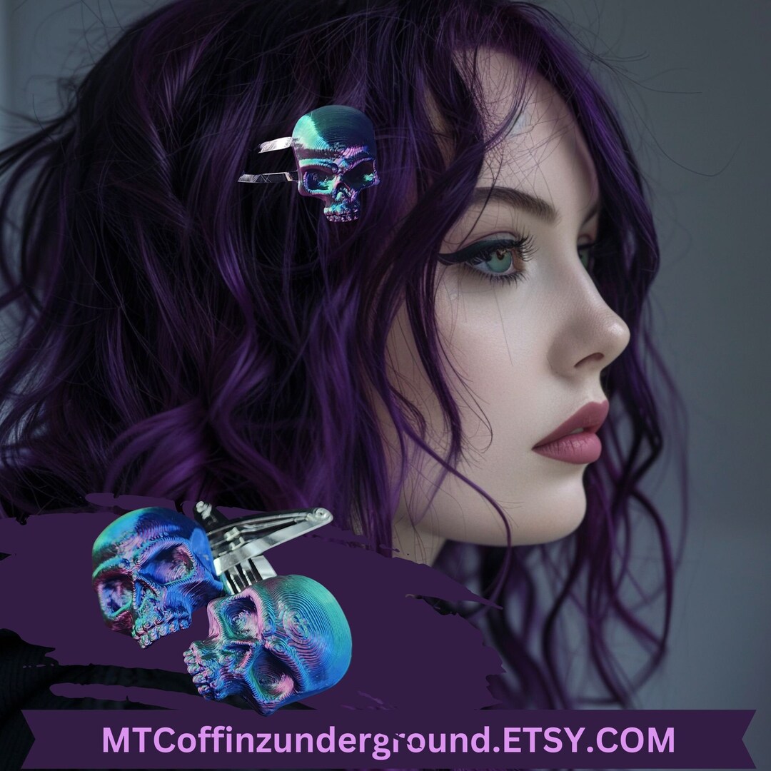Gothic Skull Color Shift 3D Printed Holographic Snap Clips Hair Clip ...