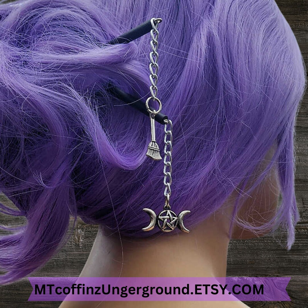Triple Goddess Moon and Witch Broom Hair Stick Set Pair Witchy Updo ...