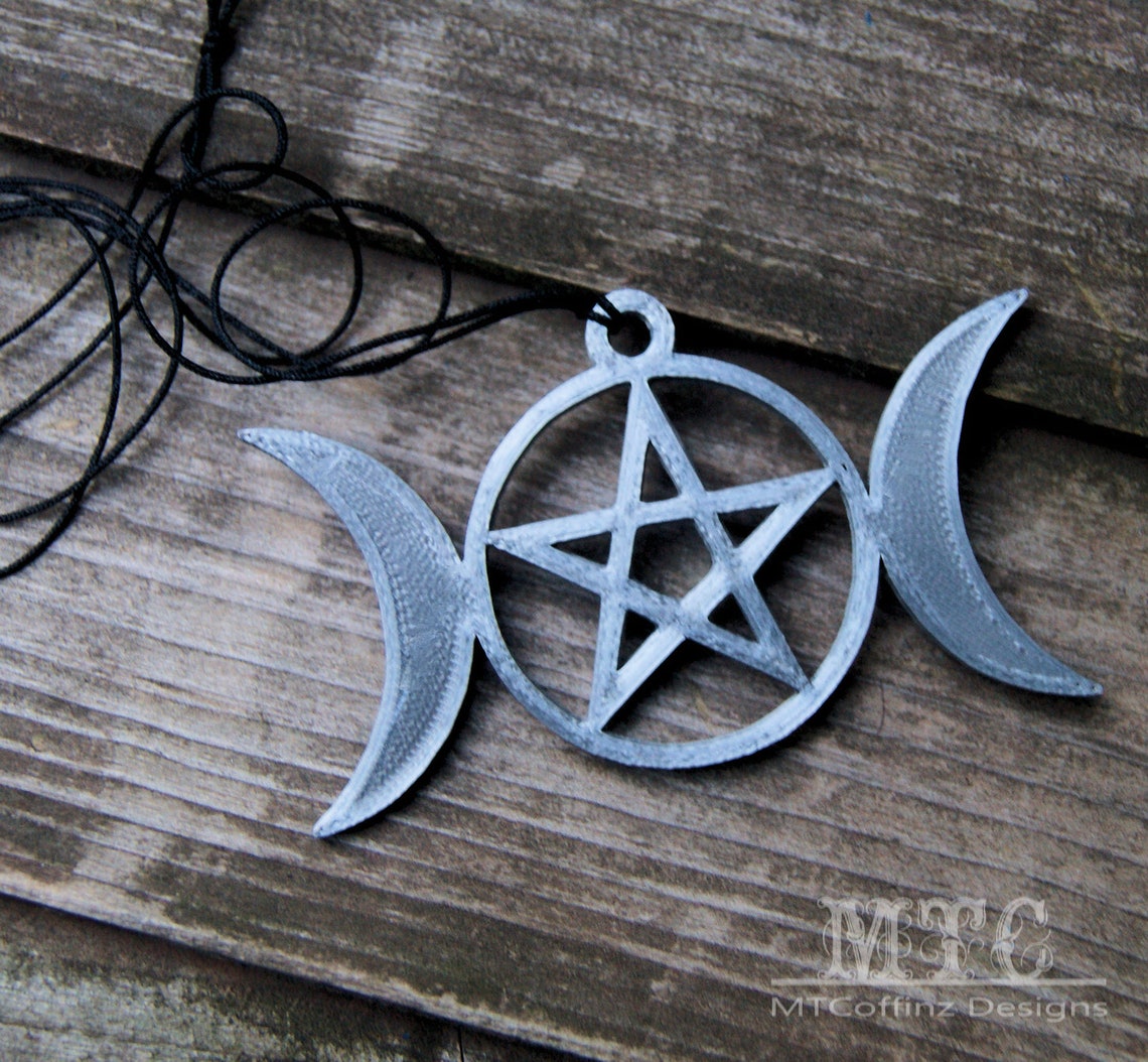 Triple Moon Pentacle Pendant 3D Printed Goddess Lunar Cycle Pagan Wicca ...