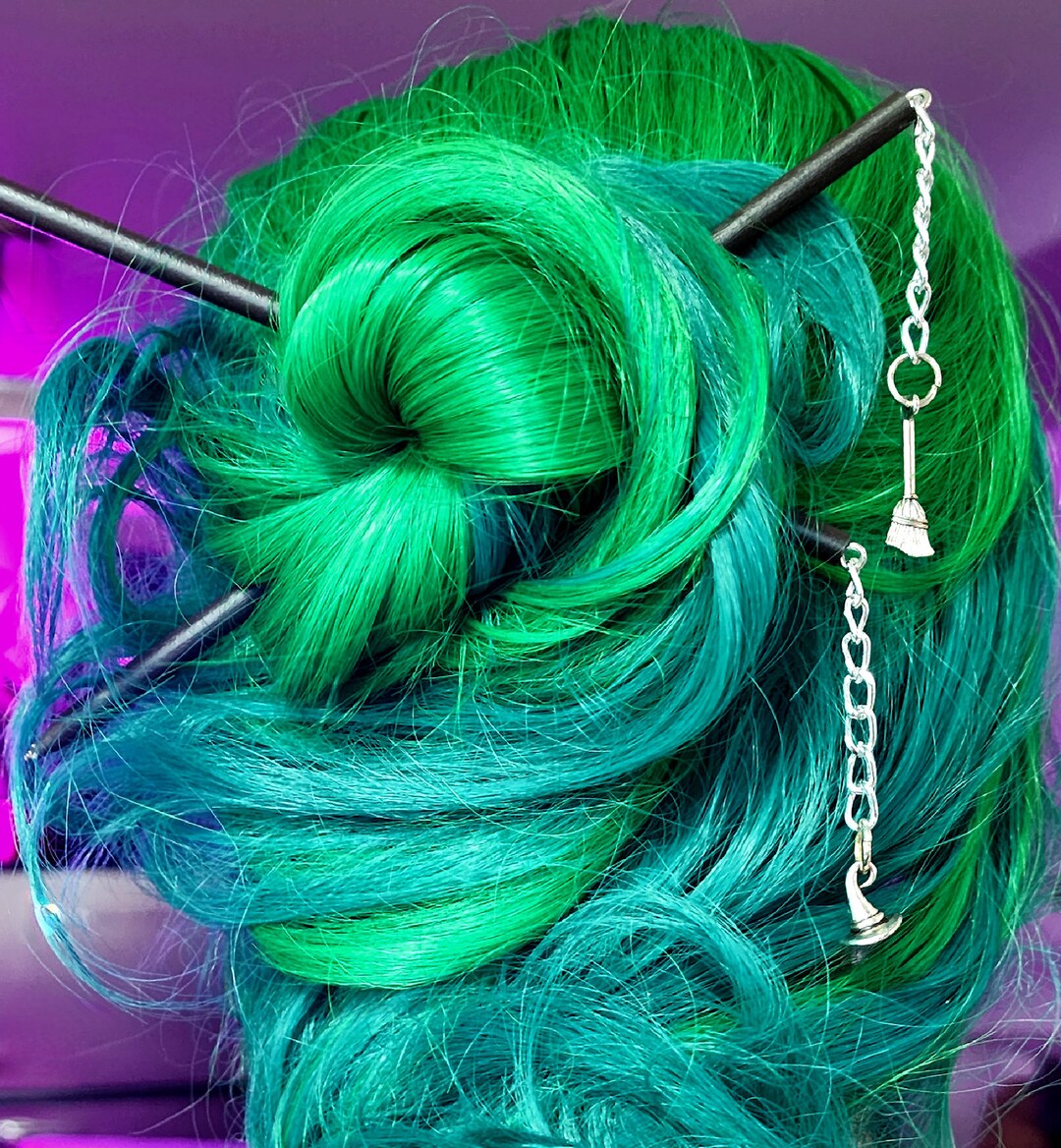 Witch Hat and Broom Hair Stick Set Pair Updo Goth Gothic Wiccan Pagan ...