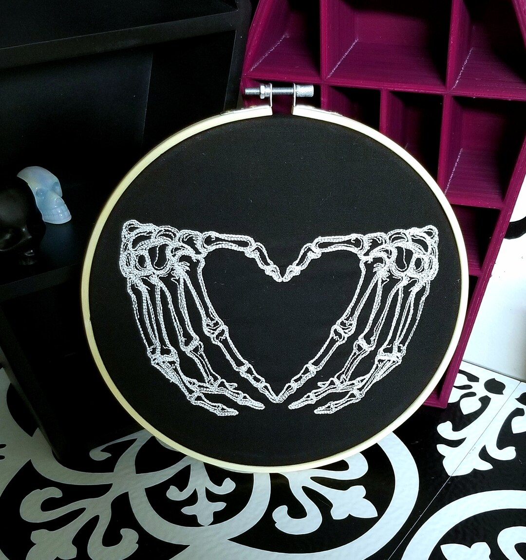 Skeletons Hands Heart 8 Inch Embroidery Hoop Art Bones Morbid Witch ...