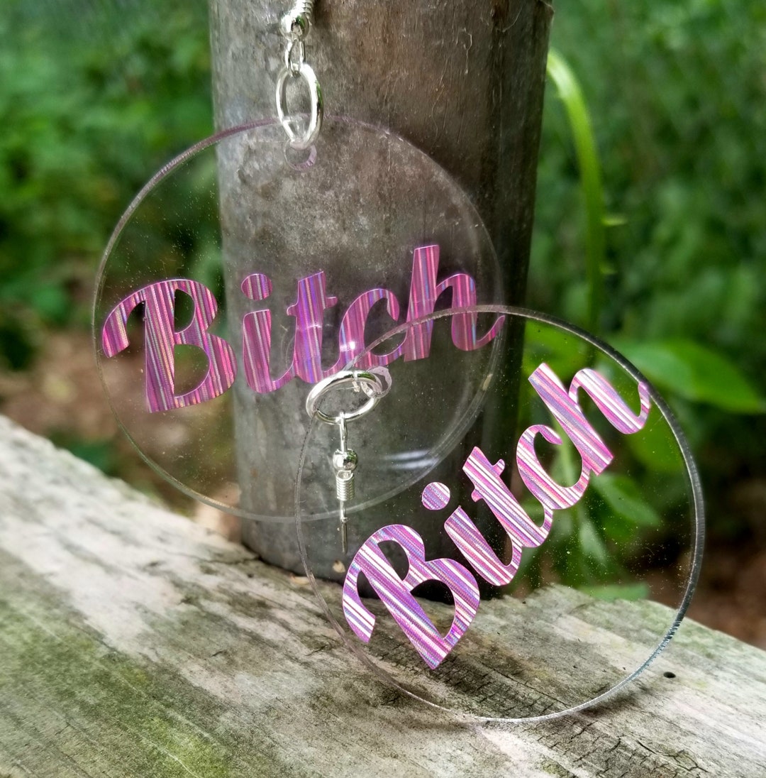 Pink Holographic Rainbow Bitch Swear Word Clear Disk Feminist Pastel ...