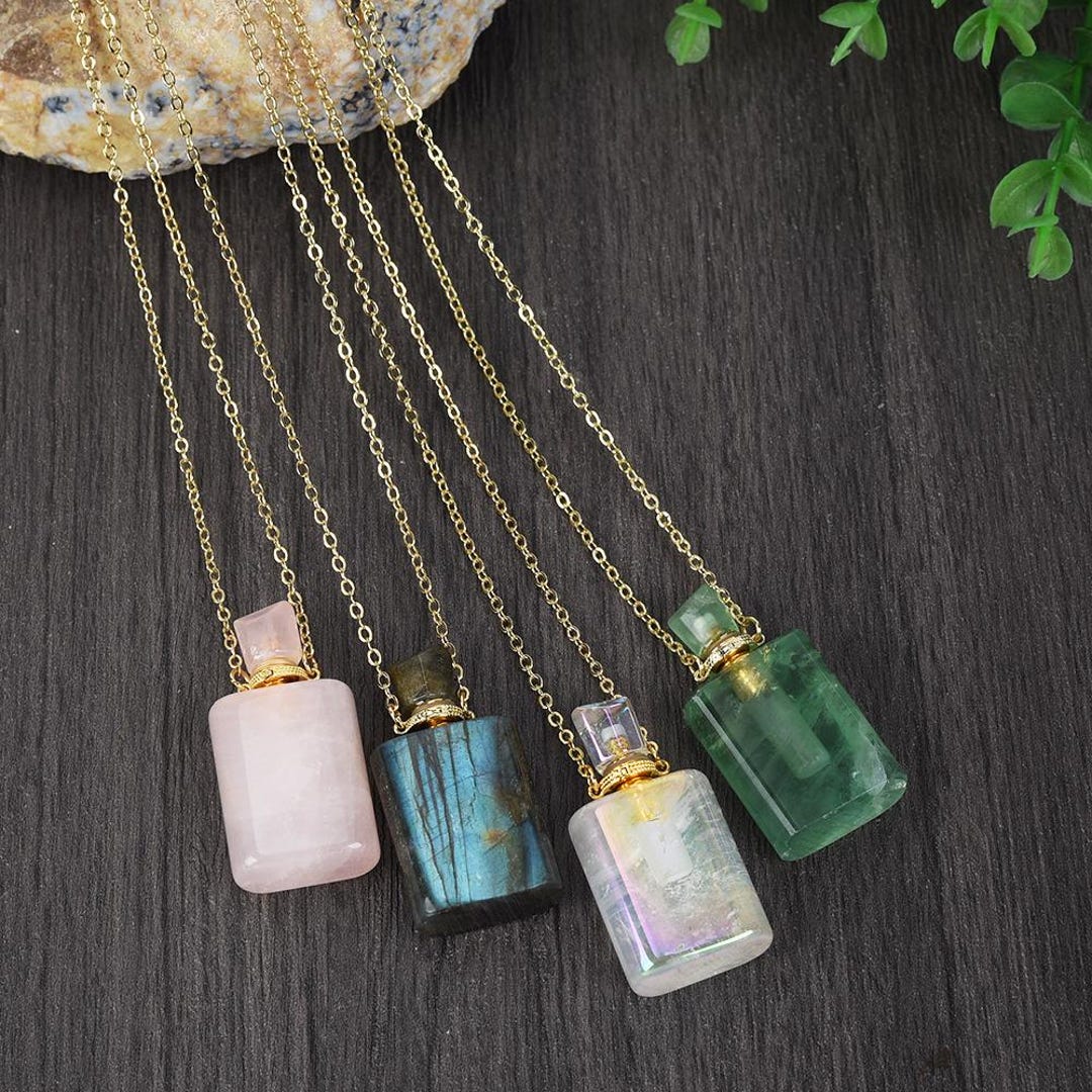 Original Cuboid Natural Stone Perfume Bottle Pendant Necklace, Rose ...