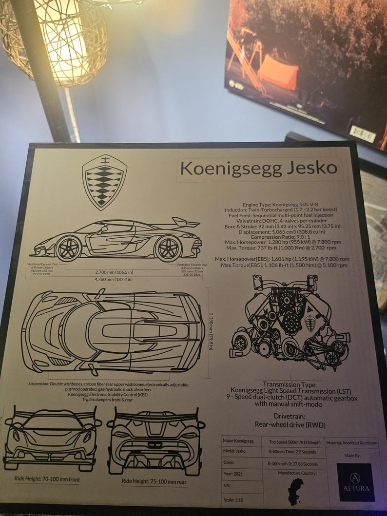 Koenigsegg Jesko Blueprint – Laser Engraved Aluminum Hypercar Art ...