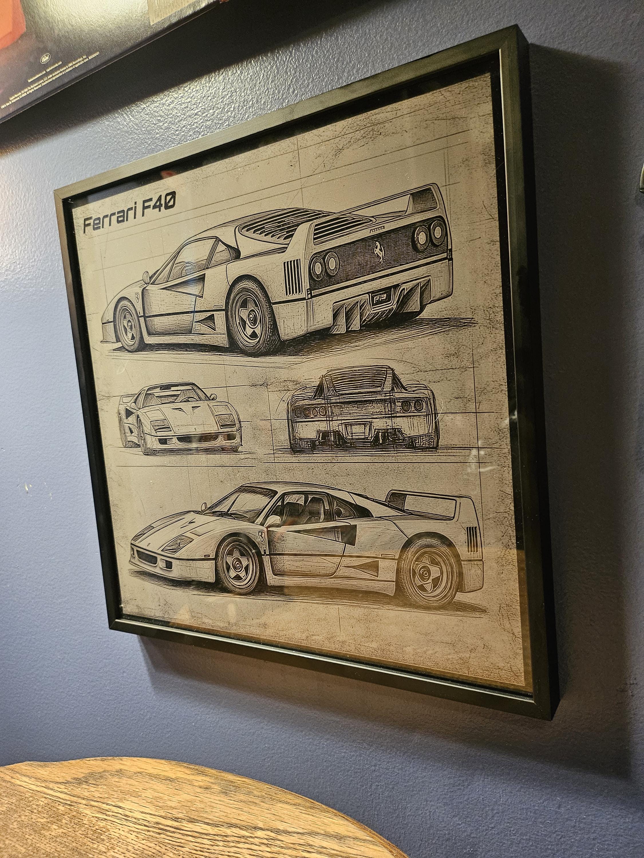 Ferrari F40 Blueprint – Laser Engraved Aluminum Supercar Art | Framed ...