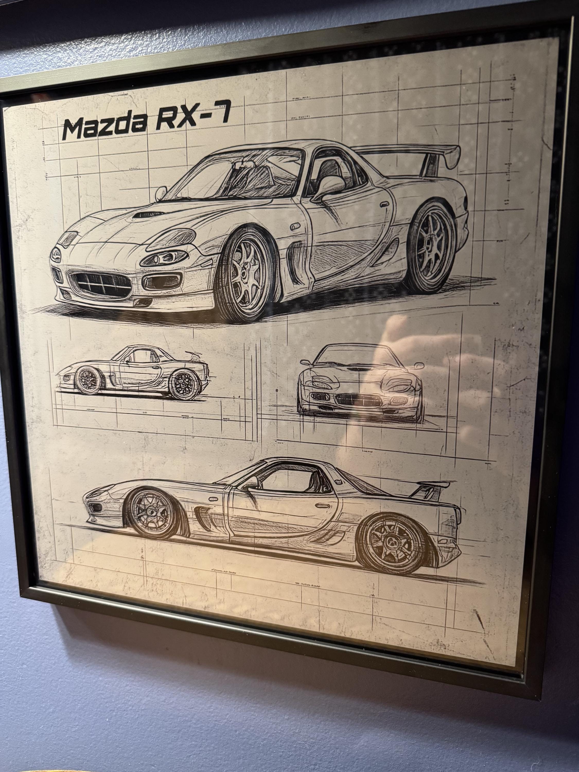 Mazda RX-7 Blueprint – Laser Engraved Aluminum Car Print | JDM Wall Art ...